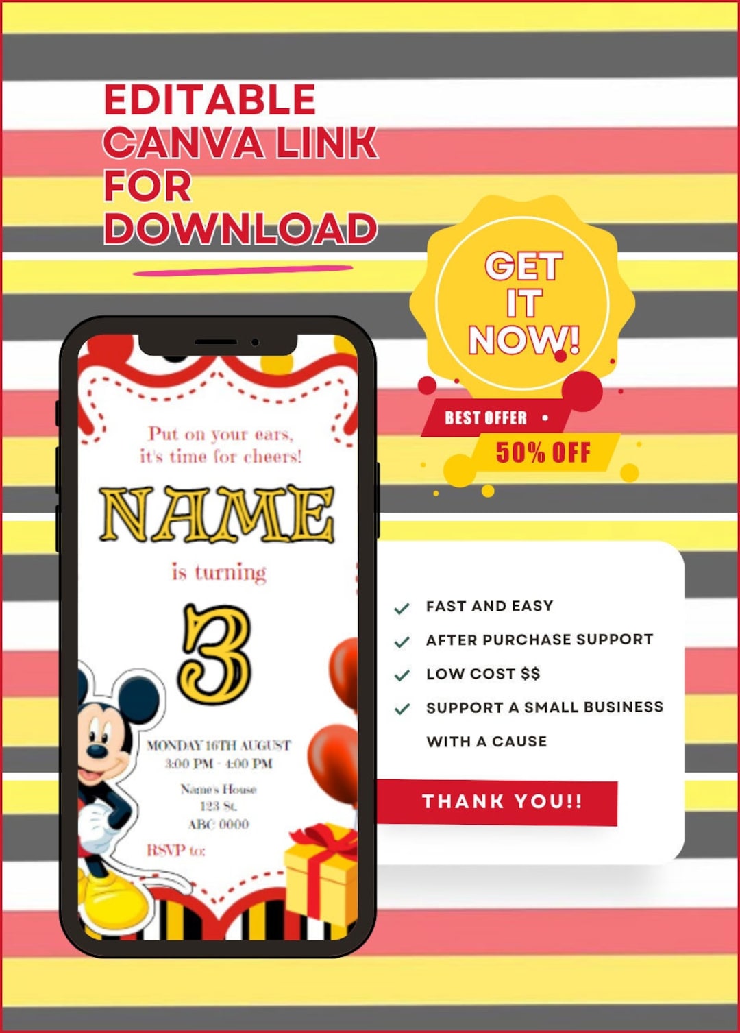 Mickey Mouse Birthday Party Invitation | Mickey Invite | Kids Birthday ...