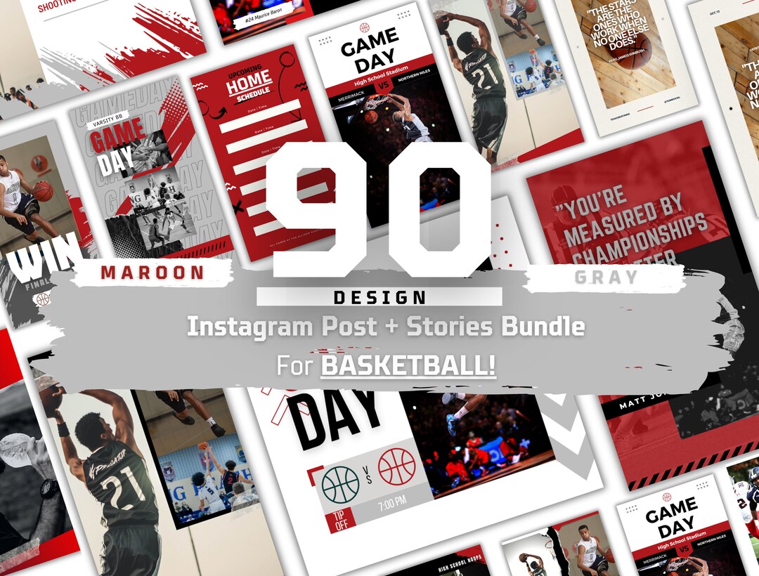 90 Basketball IG Post Pack Maroon Red & Gray - Etsy