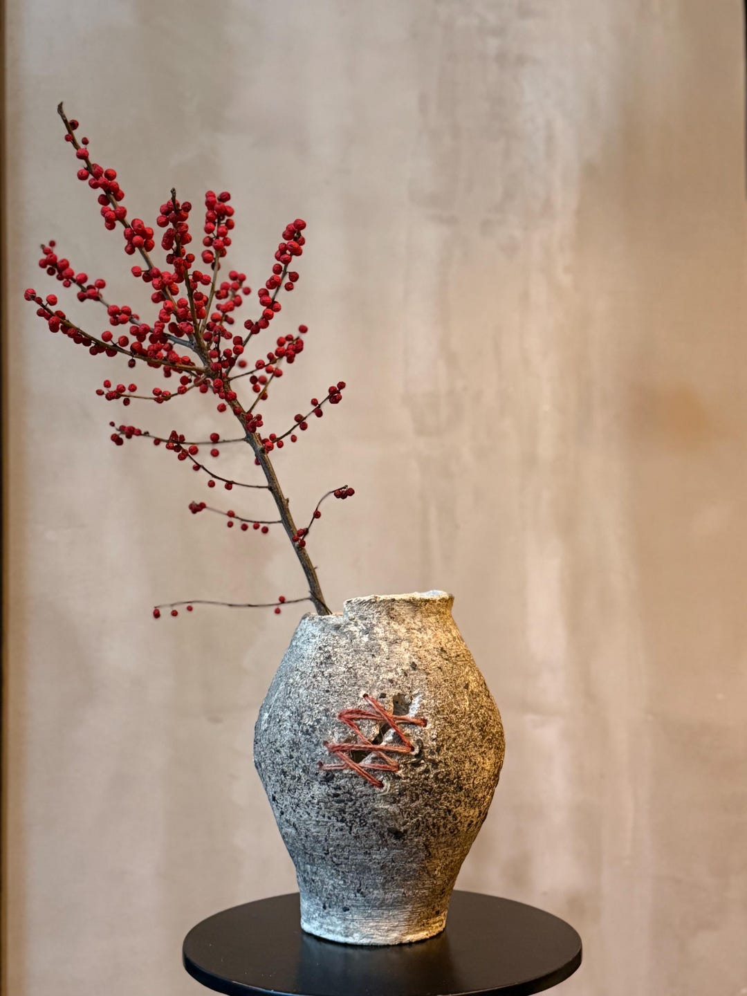 Handmade Clay Vase: Rustic Wabi Sabi Pottery With Red Stitch - Etsy