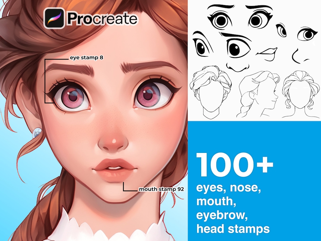 105 Procreate Cartoon Style Eyes, Nose, Mouth, Eyebrow, Head Stamps ...