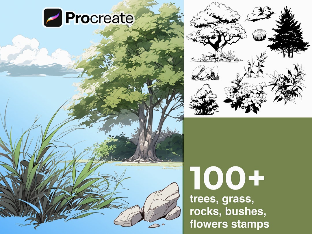 105 Procreate Trees, Grass, Rocks, Bushes, Logs, Flowers Stamps ...