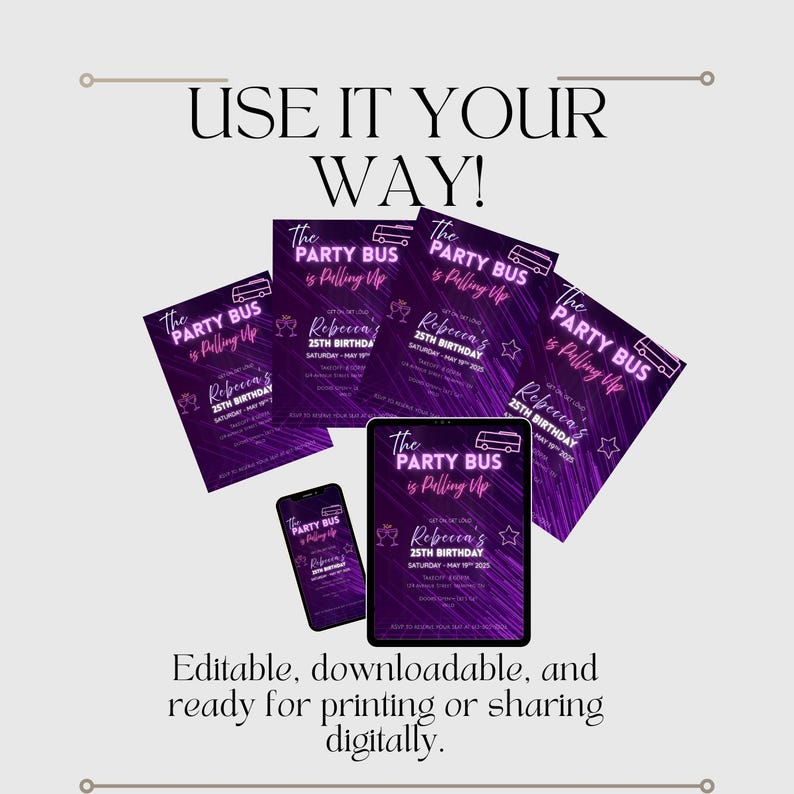 Editable Party Bus Invitation, Birthday Canva Invite, Printable Party ...