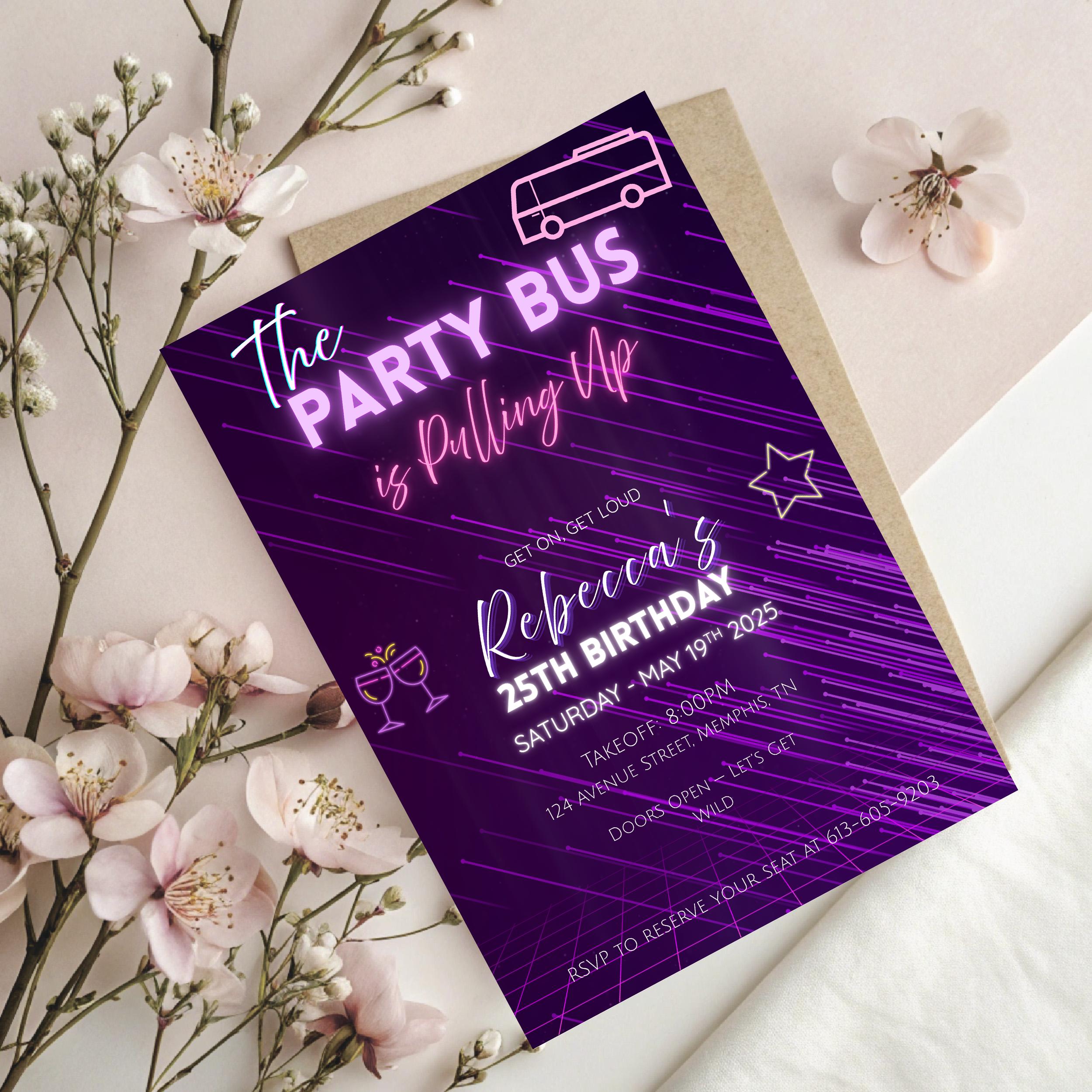 Editable Party Bus Invitation, Birthday Canva Invite, Printable Party ...