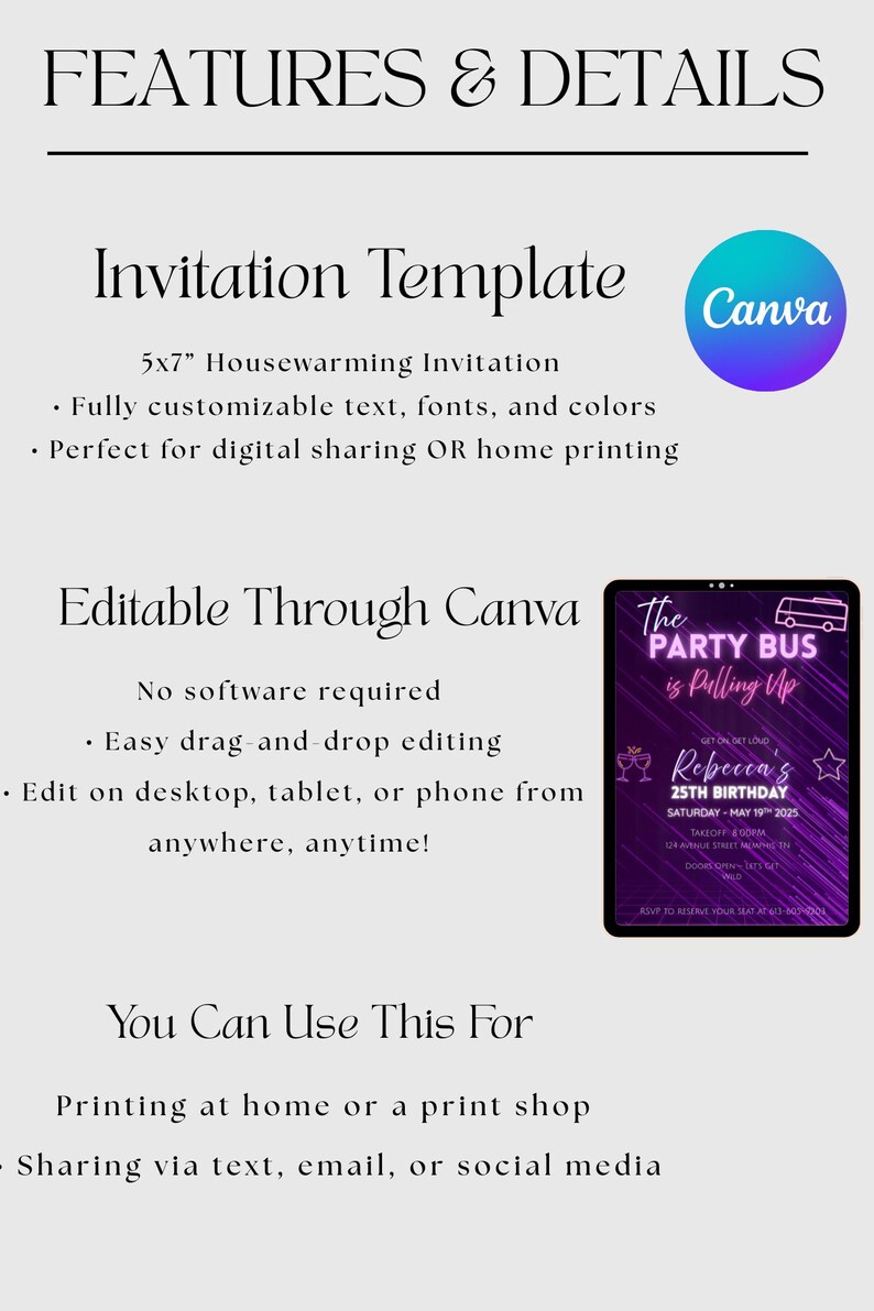 Editable Party Bus Invitation, Birthday Canva Invite, Printable Party ...