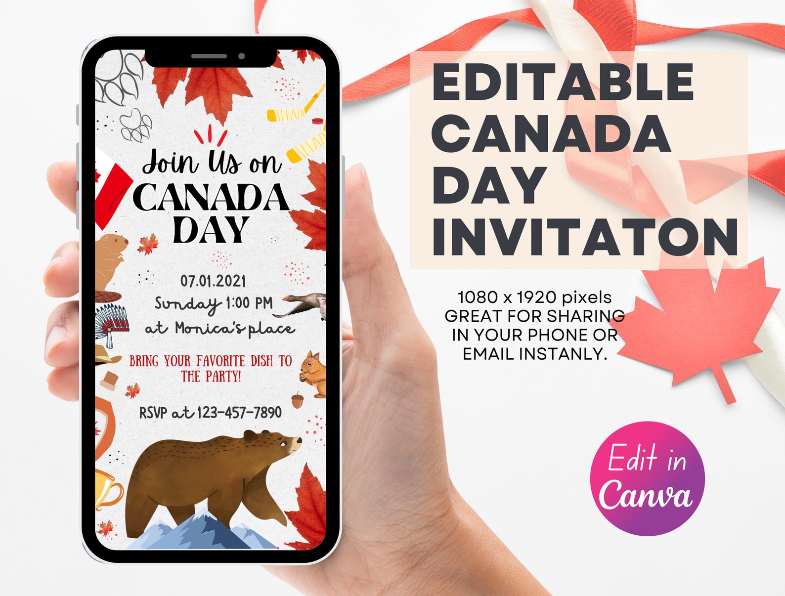 Editable Canada Day Celebration Invitation Canva Template Canada Day ...