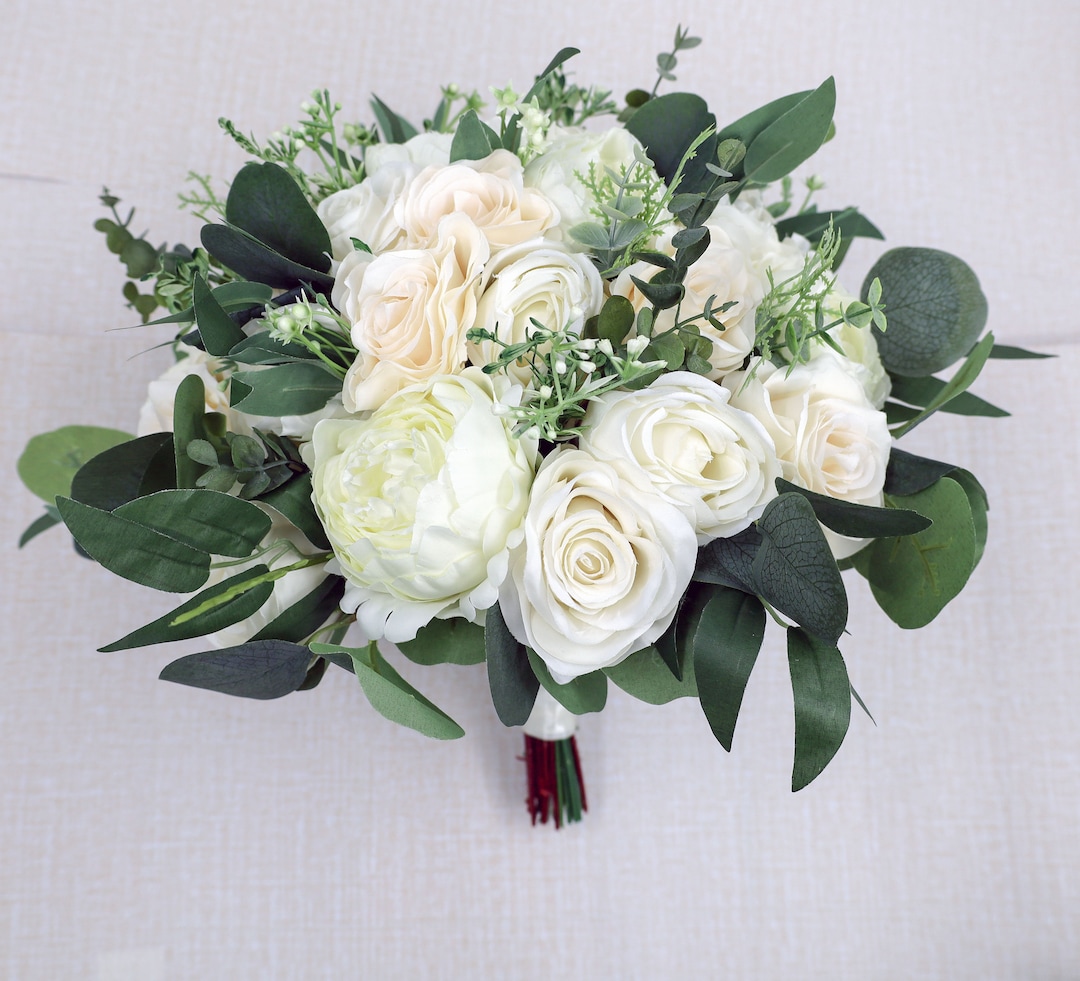 Bride Bouquet White Ivory Greenery, Boho Wedding Bouquet, Faux Bridal ...