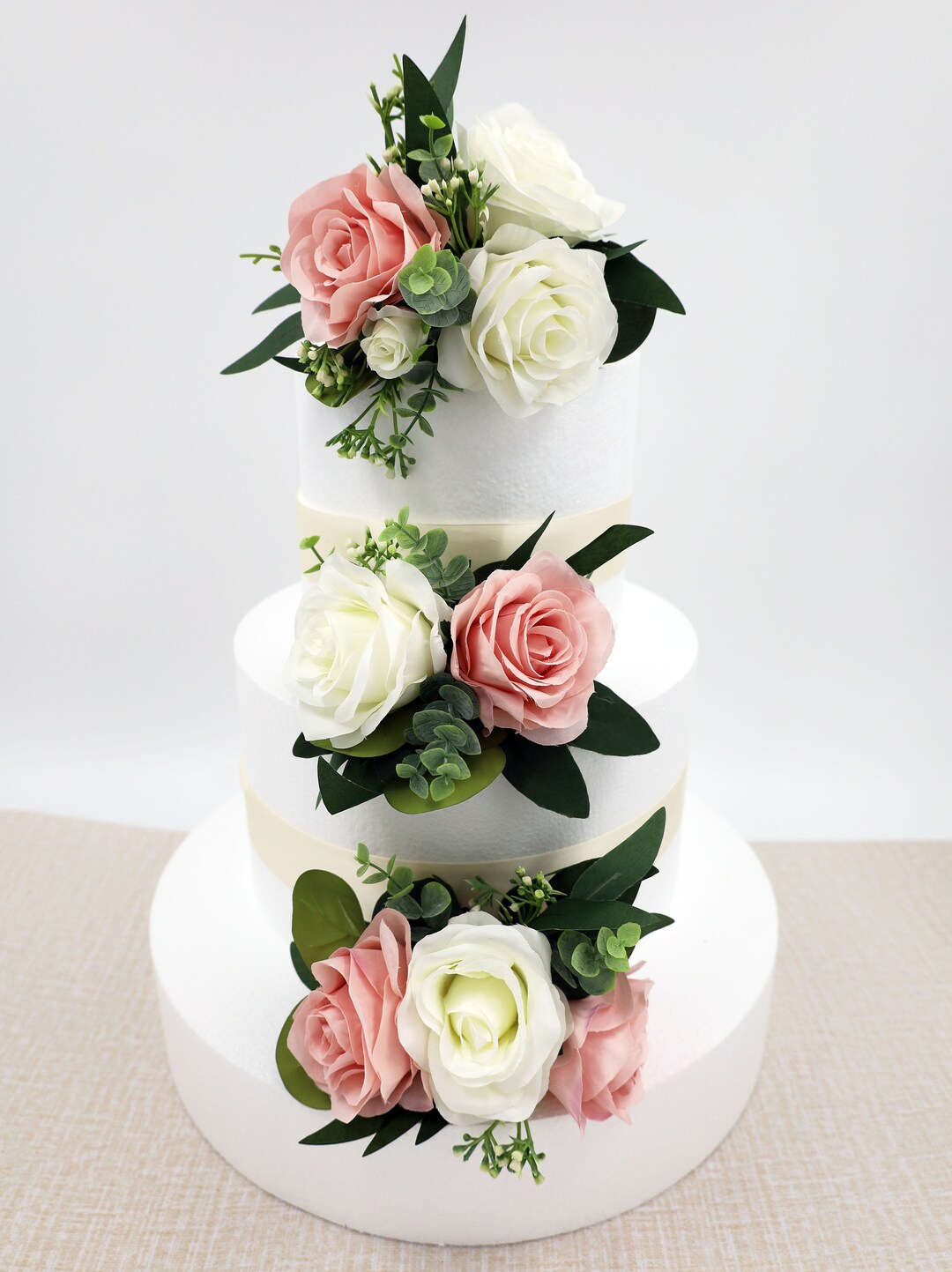 Artificial Flowers Flower for Wedding Cake, Blush Ivory Greenery Cake ...