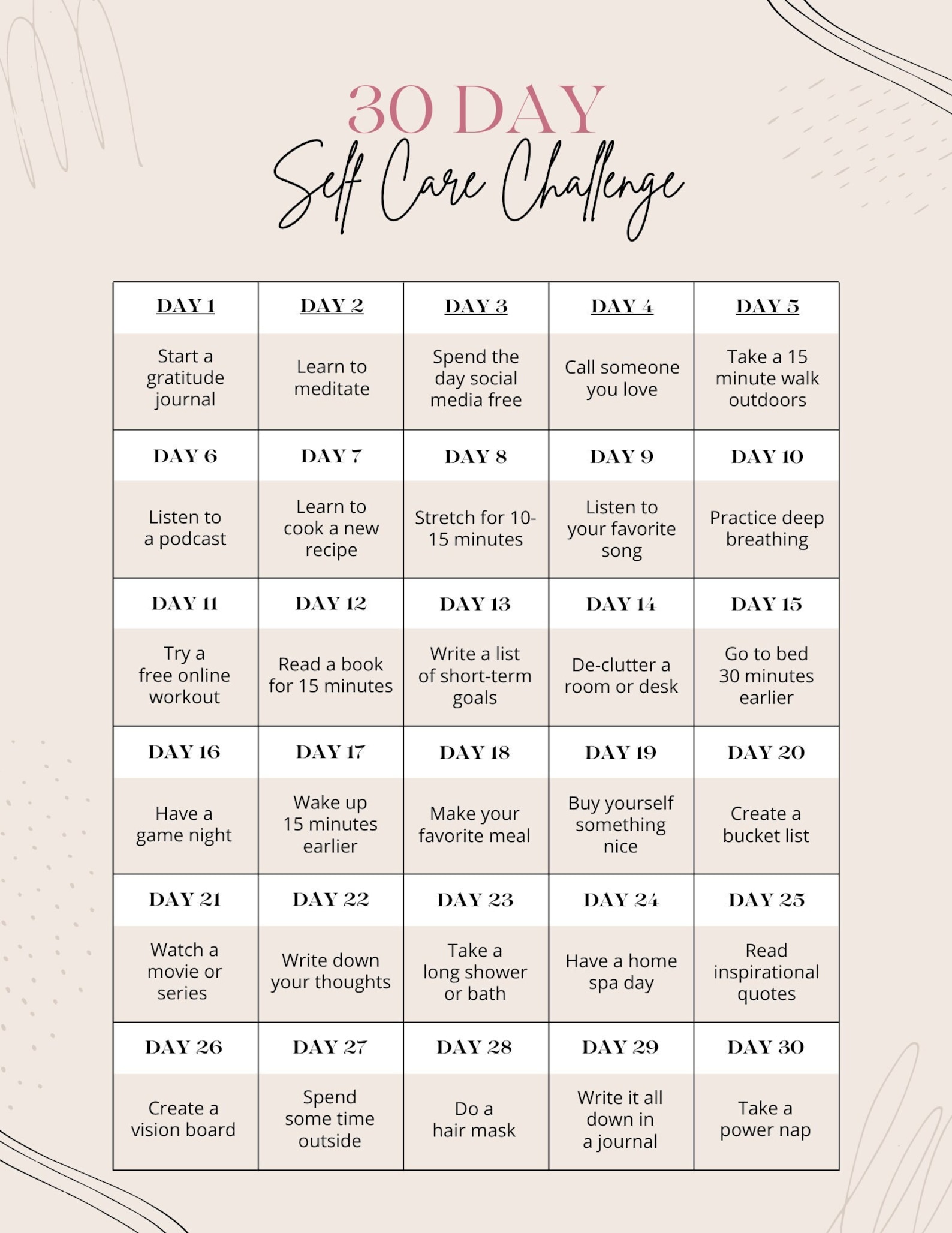 30 Day Self Care Challenge Planner - Etsy