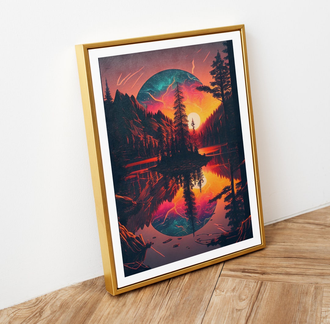 Reflective Lake Psychedelic Sunset Digital Poster Print | Digital ...