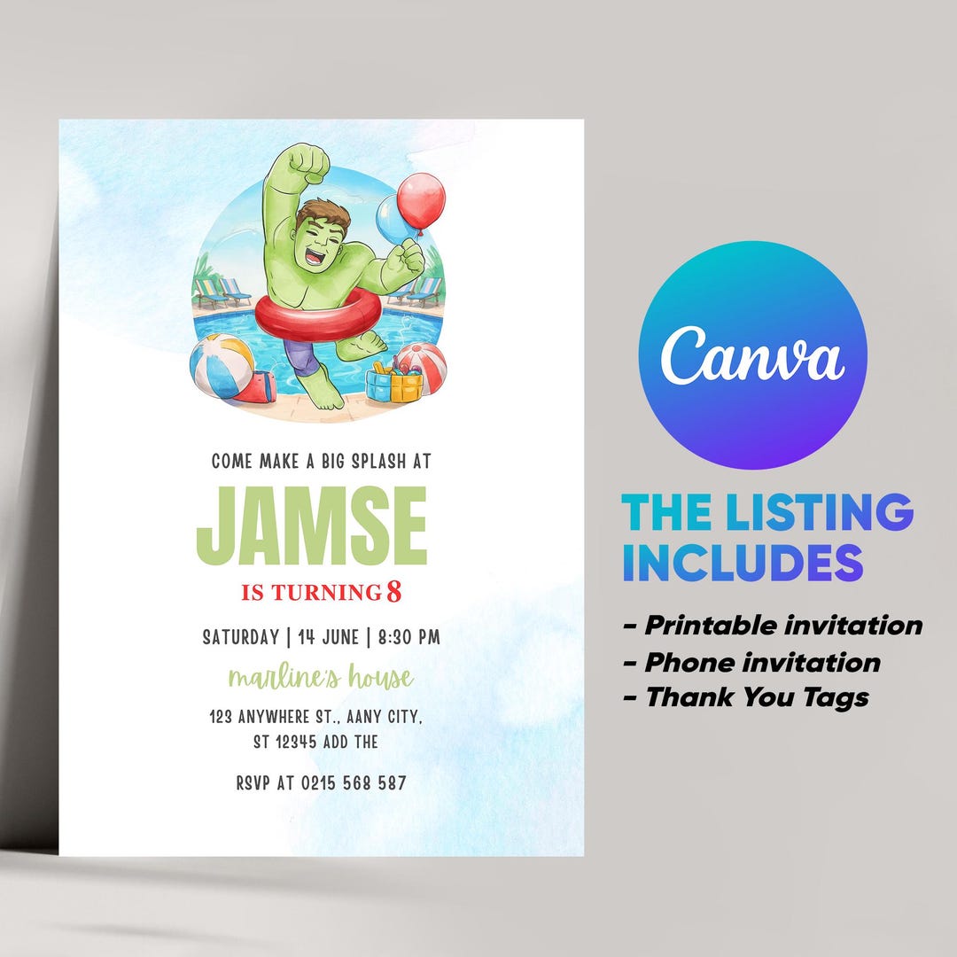 Editable Hulk Birthday Pool Party Invitation ,hulk Pool Party ...
