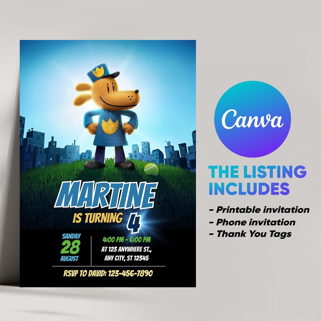 Editable Dog Man Birthday Invitation, Dog Man Invitation, Editable Kids ...