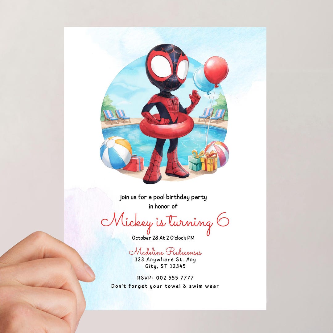 Editable Miles Morales Spin Spider Birthday Pool Party Invitation ...
