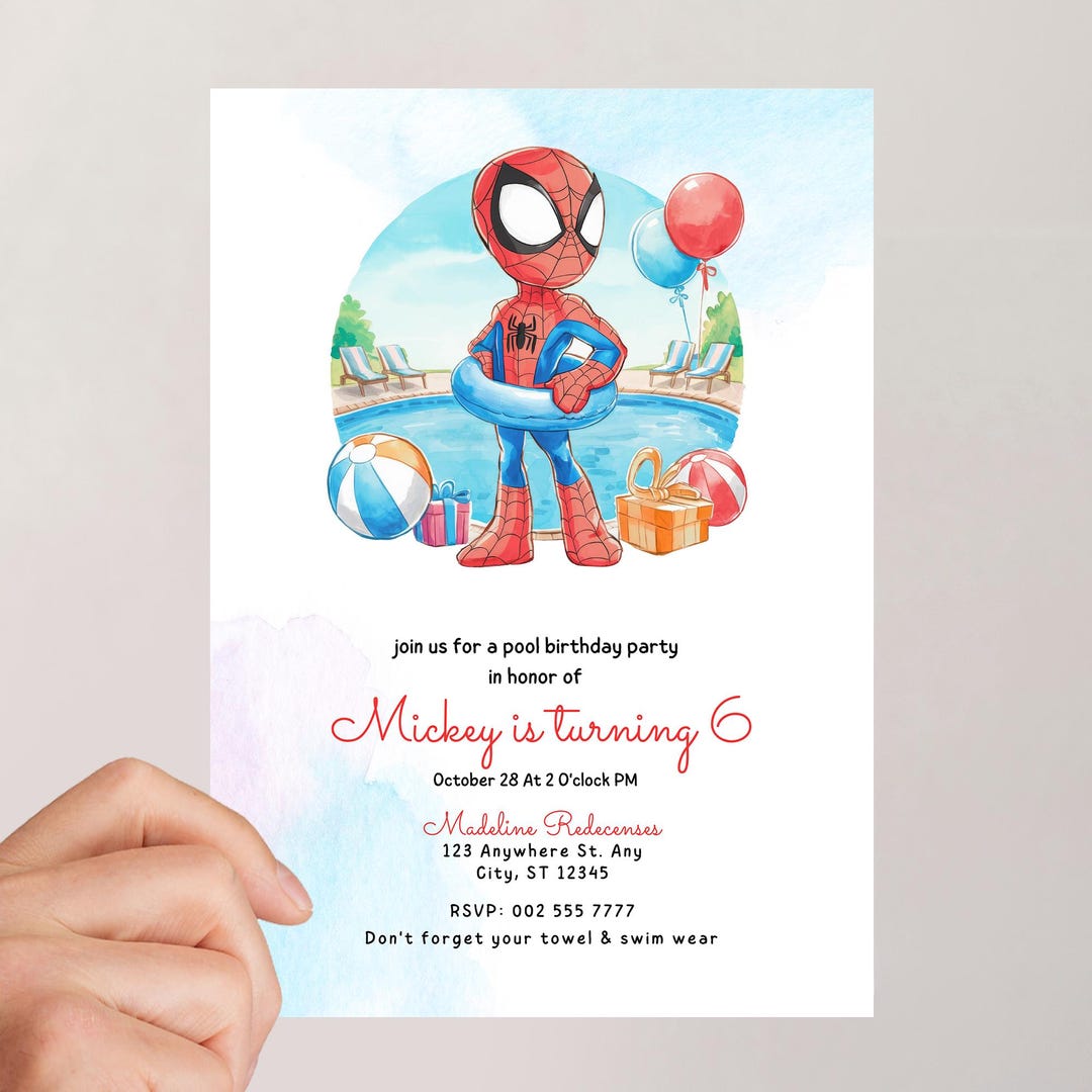 Editable Spidey and His Amazing Friends Birthday Pool Party Invitation ...