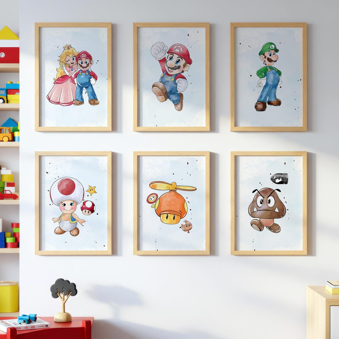 Super Mario Watercolor Wall Art Set | Mario Luigi Peach Yoshi Posters ...