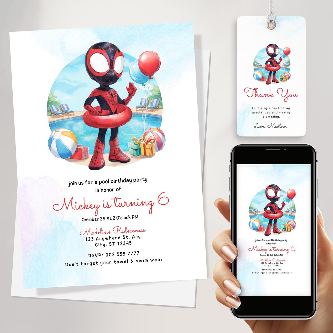 Editable Miles Morales Spin Spider Birthday Pool Party Invitation ...