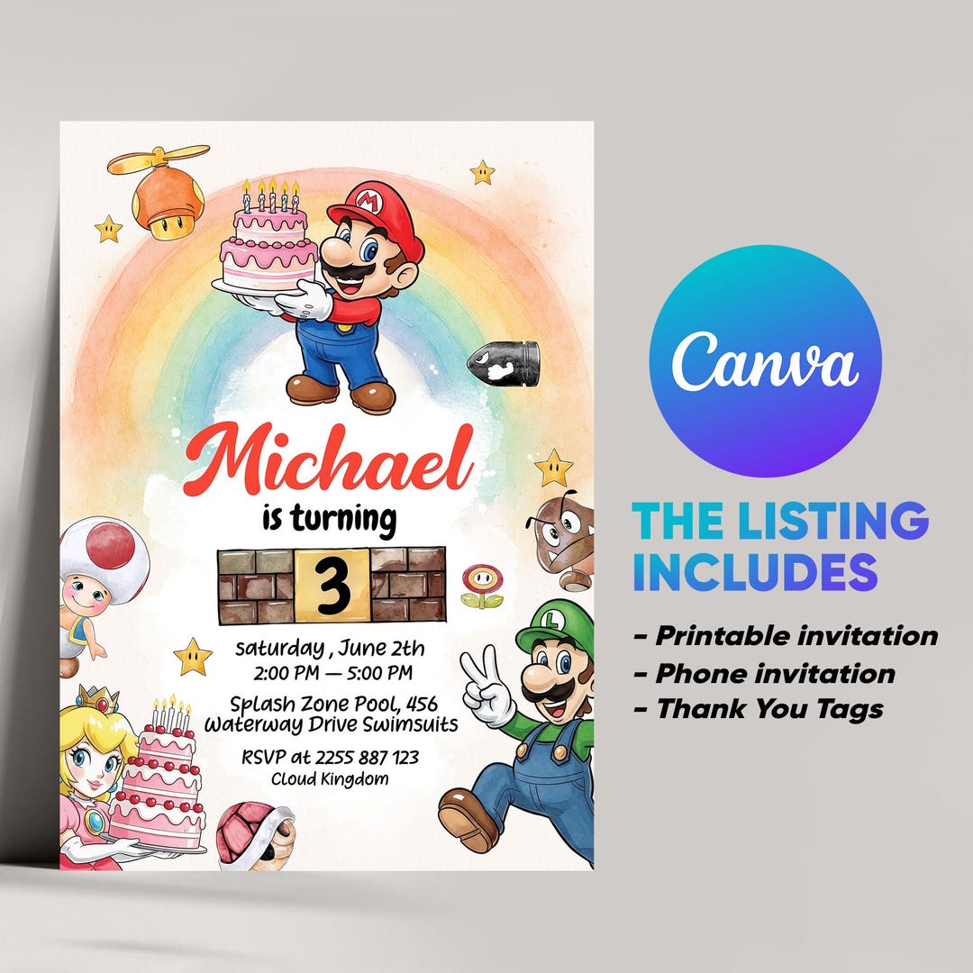 Watercolor Super Mario Birthday Invitation | Editable in Canva ...