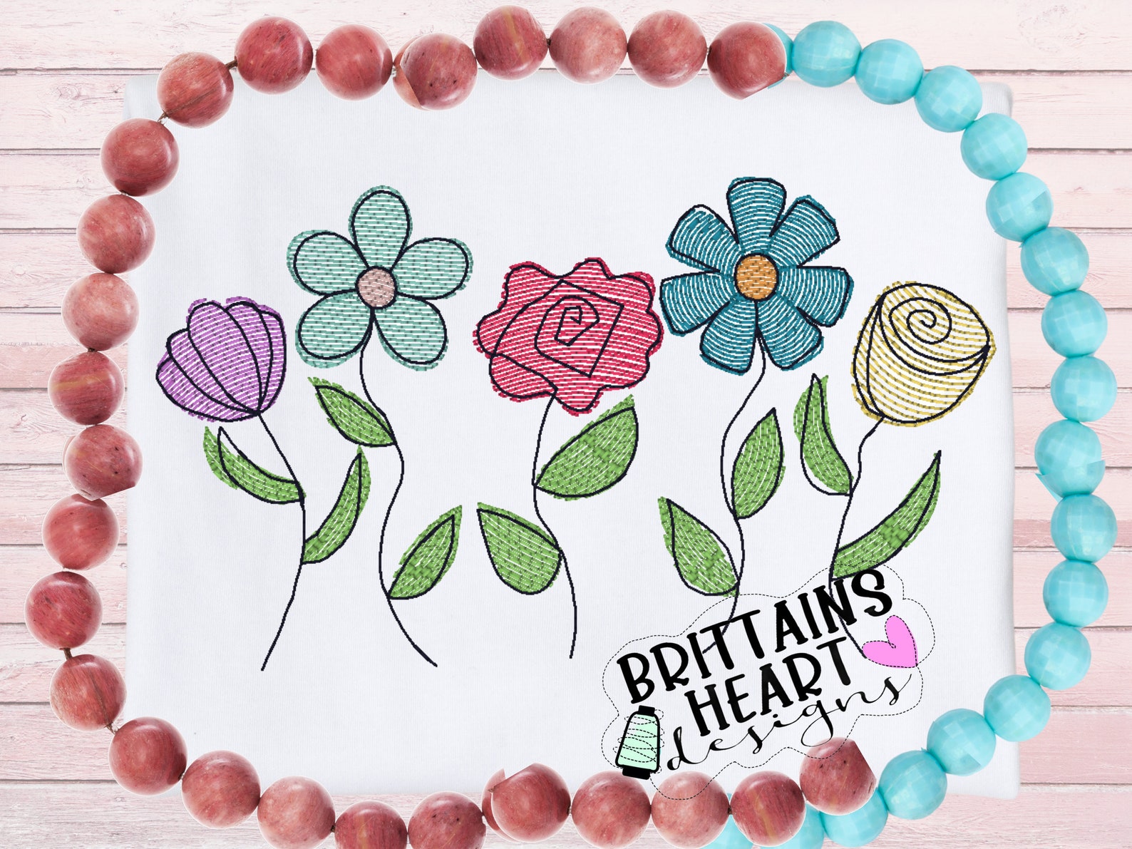 Row of Spring Wildflowers Flowers Embroidery Design| Scribble Sketch ...
