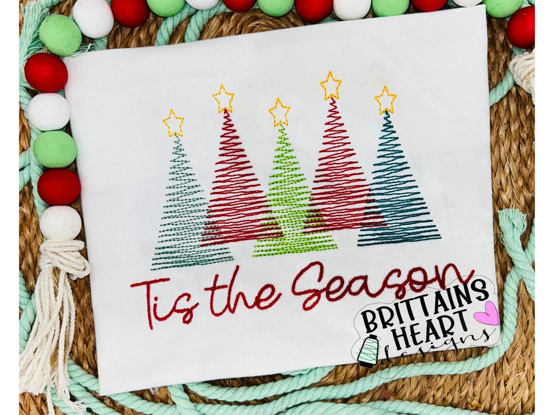 Row of Five Colored Christmas Trees Embroidery Design 4 Sizes 4x4 5x7 ...