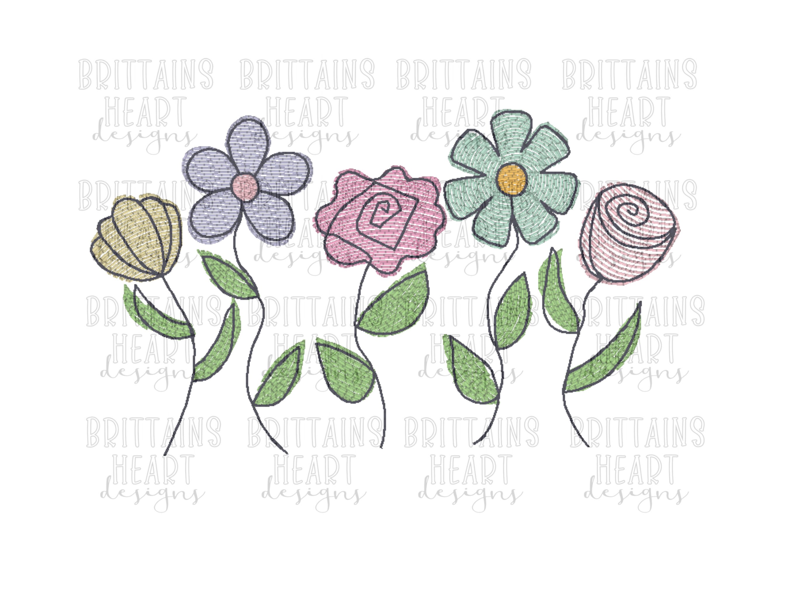 Row of Spring Wildflowers Flowers Embroidery Design Scribble Sketch ...