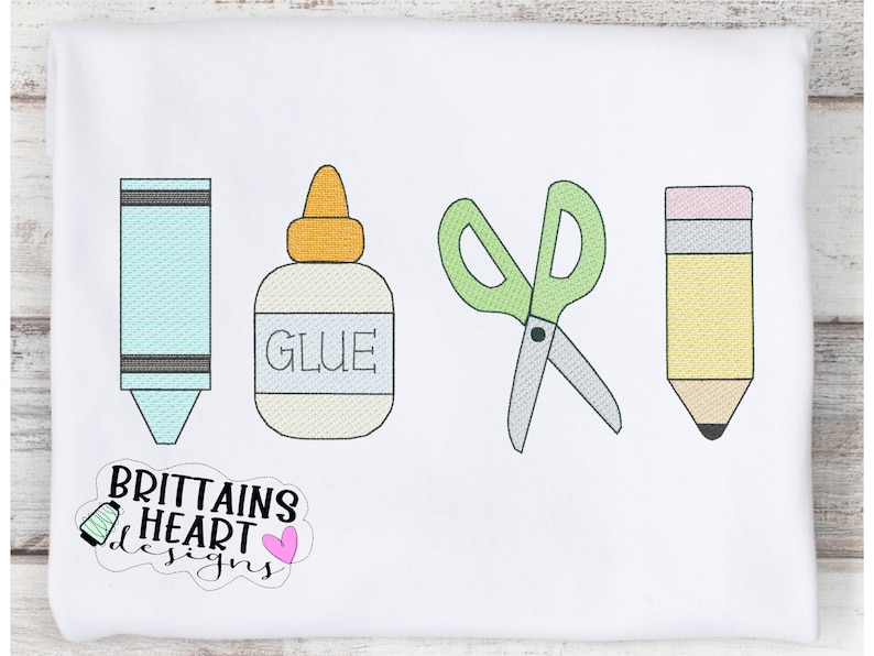 Back to School Embroidery Design Sketch | School Supplies | Crayon Glue ...