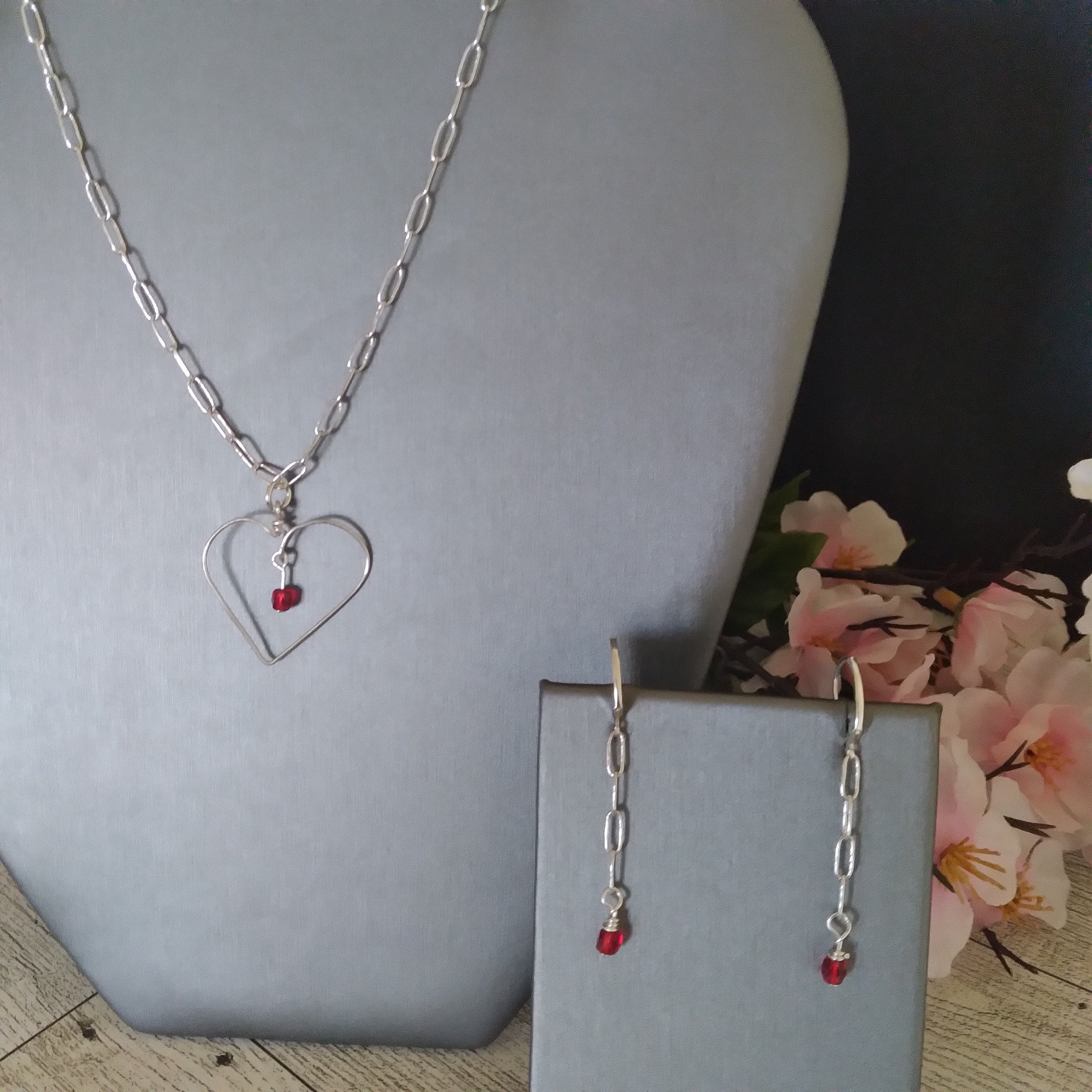 Sterling Silver Paperclip Necklace With Red Gem Stone Heart Charm ...
