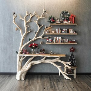 Floating Console Table With Tree Branch Bookshelf, Rustic Console Table ...