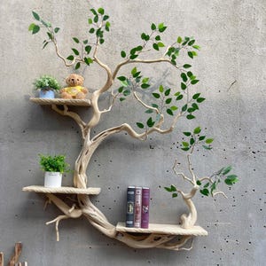 Tree Books Shelf Decor Solid Wood Carving Floating Bookshelf Wall Mount ...