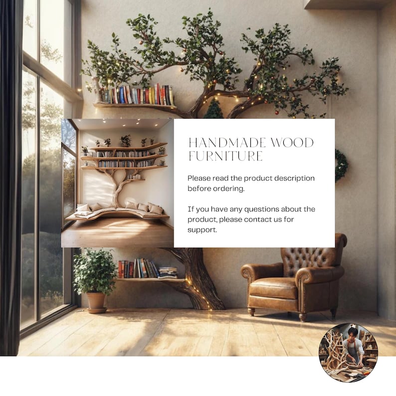 Handmade Tree Branch Bookshelf Rustic Solid Wood Wall Mount Montessori ...