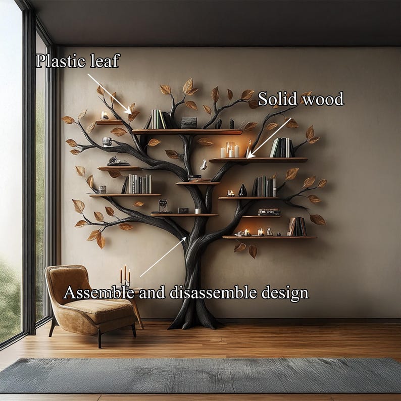 Handmade Tree Bookshelf With Shelves and Leaves, Nature Inspired Wooden ...