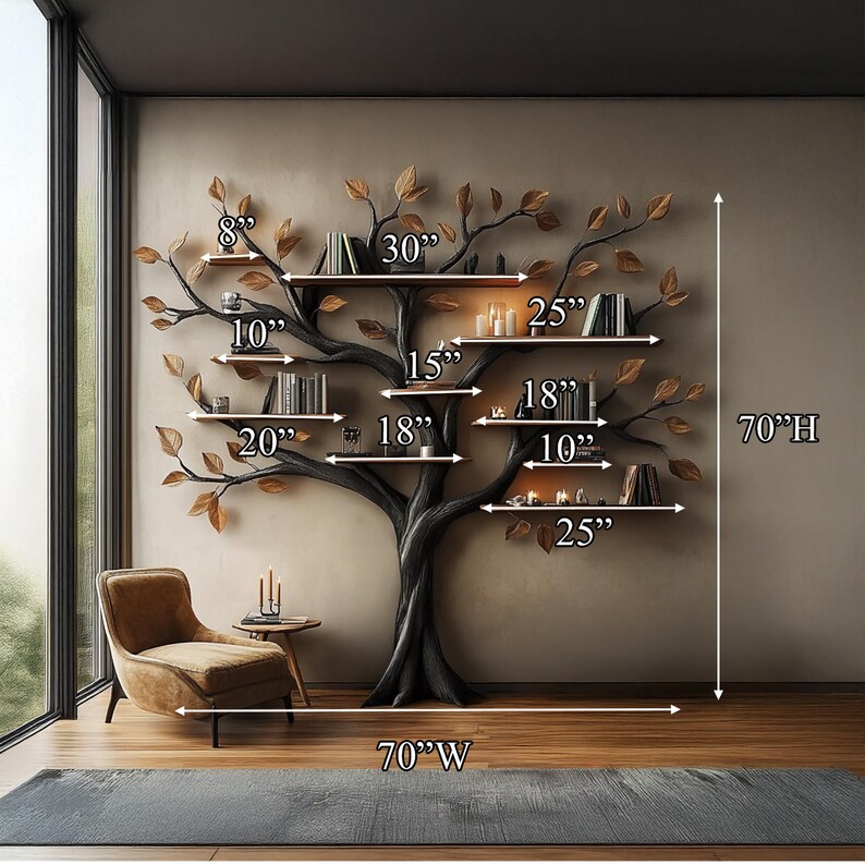 Handmade Tree Bookshelf With Shelves and Leaves, Nature Inspired Wooden ...