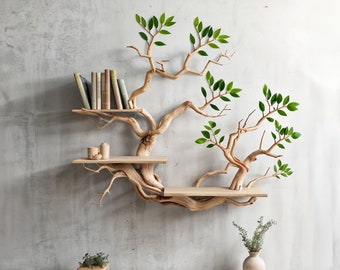 Tree Books Shelf Decor Solid Wood Carving Floating Bookshelf Wall Mount ...