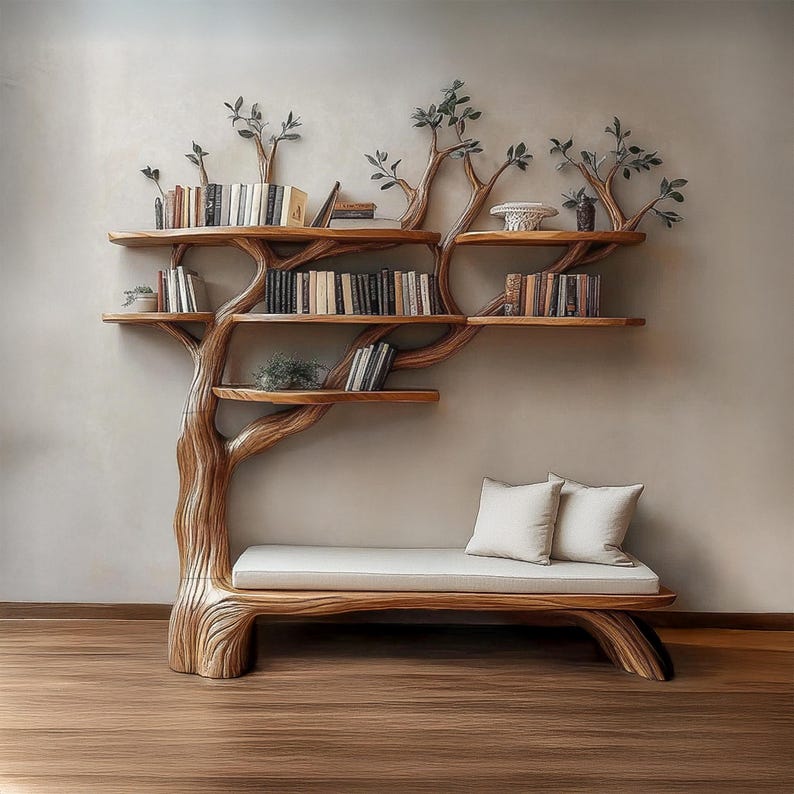 Rustic Tree Bookshelf Wood Bench Branches Wall Art Rustic Furniture ...