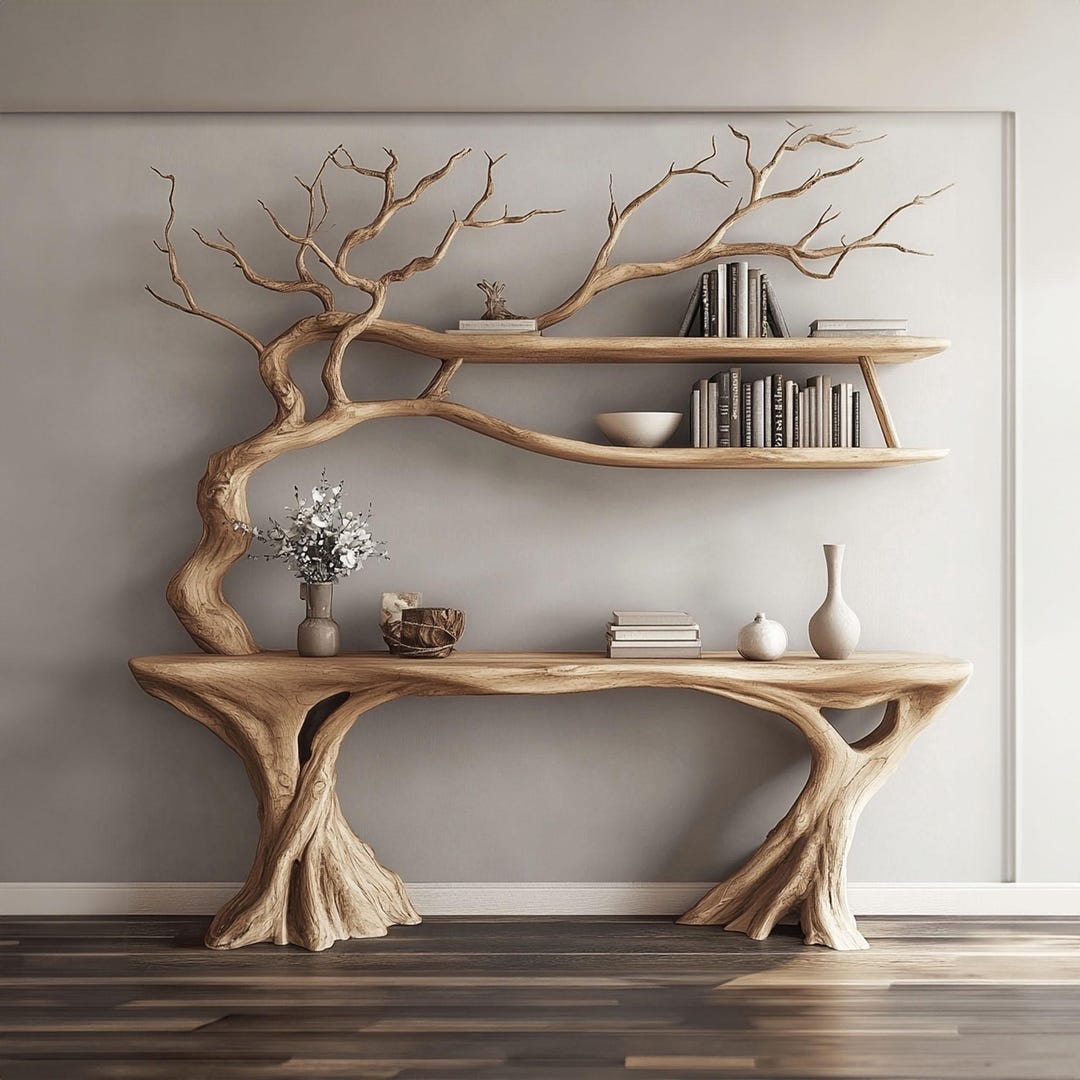 Console Narrow Table With Tree Branch Bookshelf, Live Edge Table ...