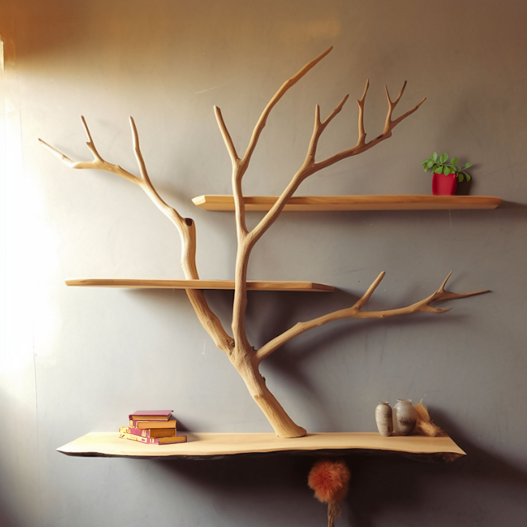 Tree Branch Floating Corner Shelf Solid Wood Wall Mount Bookcase Live ...