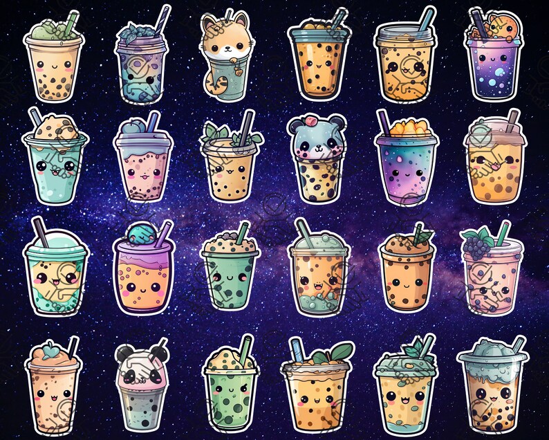 Kawaii Boba Sticker Bundle, Cute Bubble Tea Sticker PNG, Printable ...
