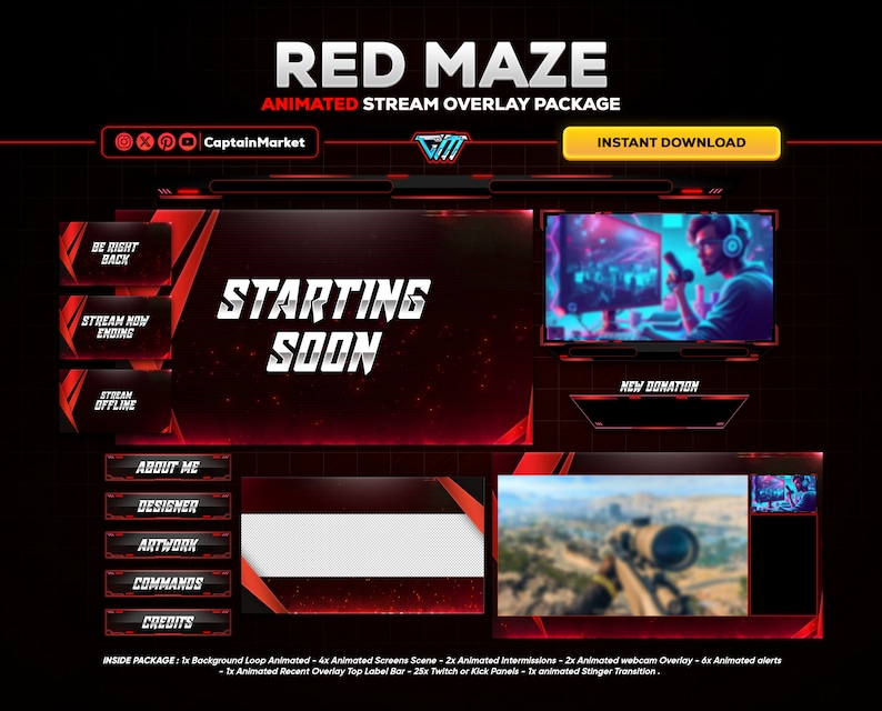Red Maze Animated Stream Overlay Package for Twitch,youtube,kick | Geometric - Sci-fi - Tech ...