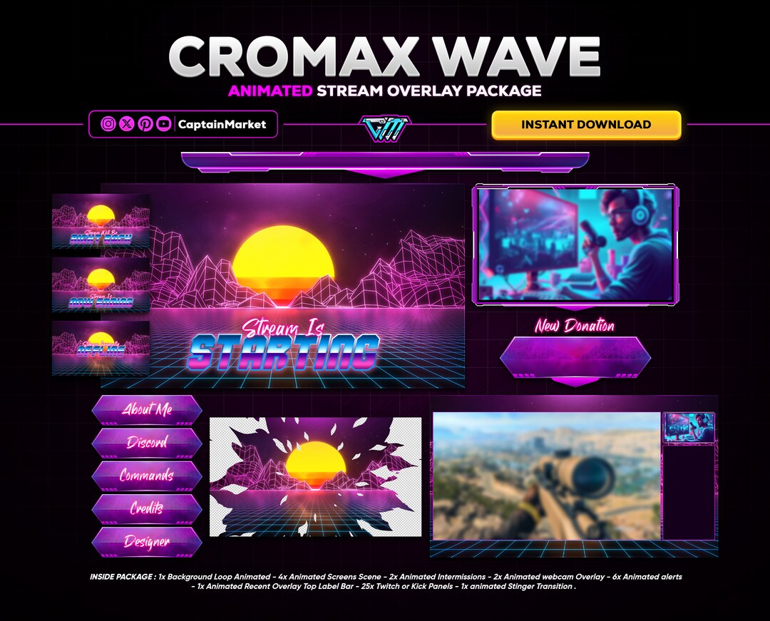 80s Retrowave Animated Stream Overlay Package for Twitch,youtube,kick ...