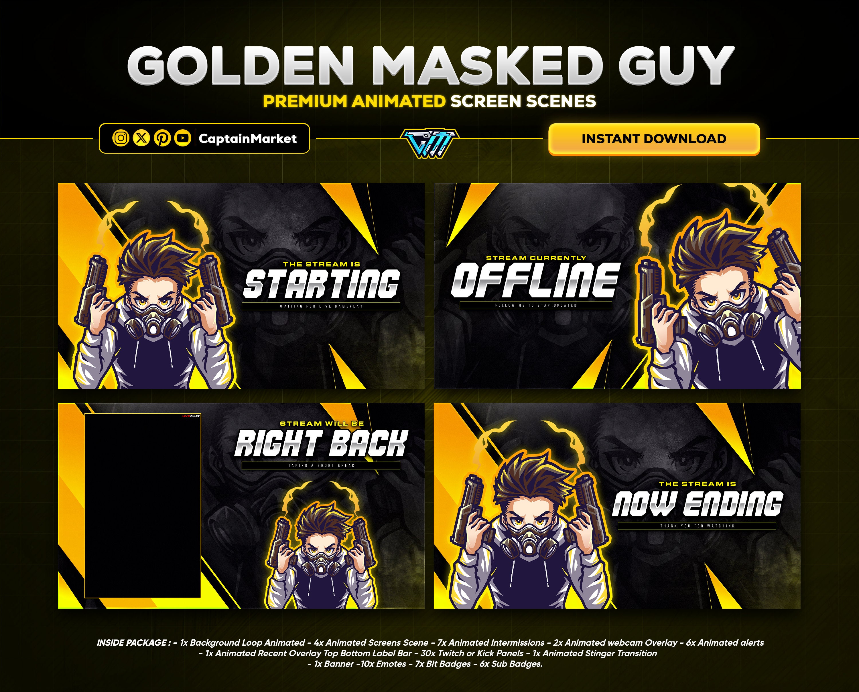 Yellow Animated Stream Overlay Package for Twitch,youtube,kick Screens ...