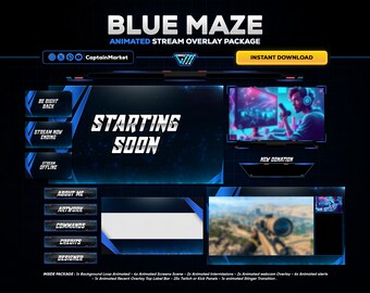 Blue & Black Animated Twitch Overlay Complete Stream Package Made for ...
