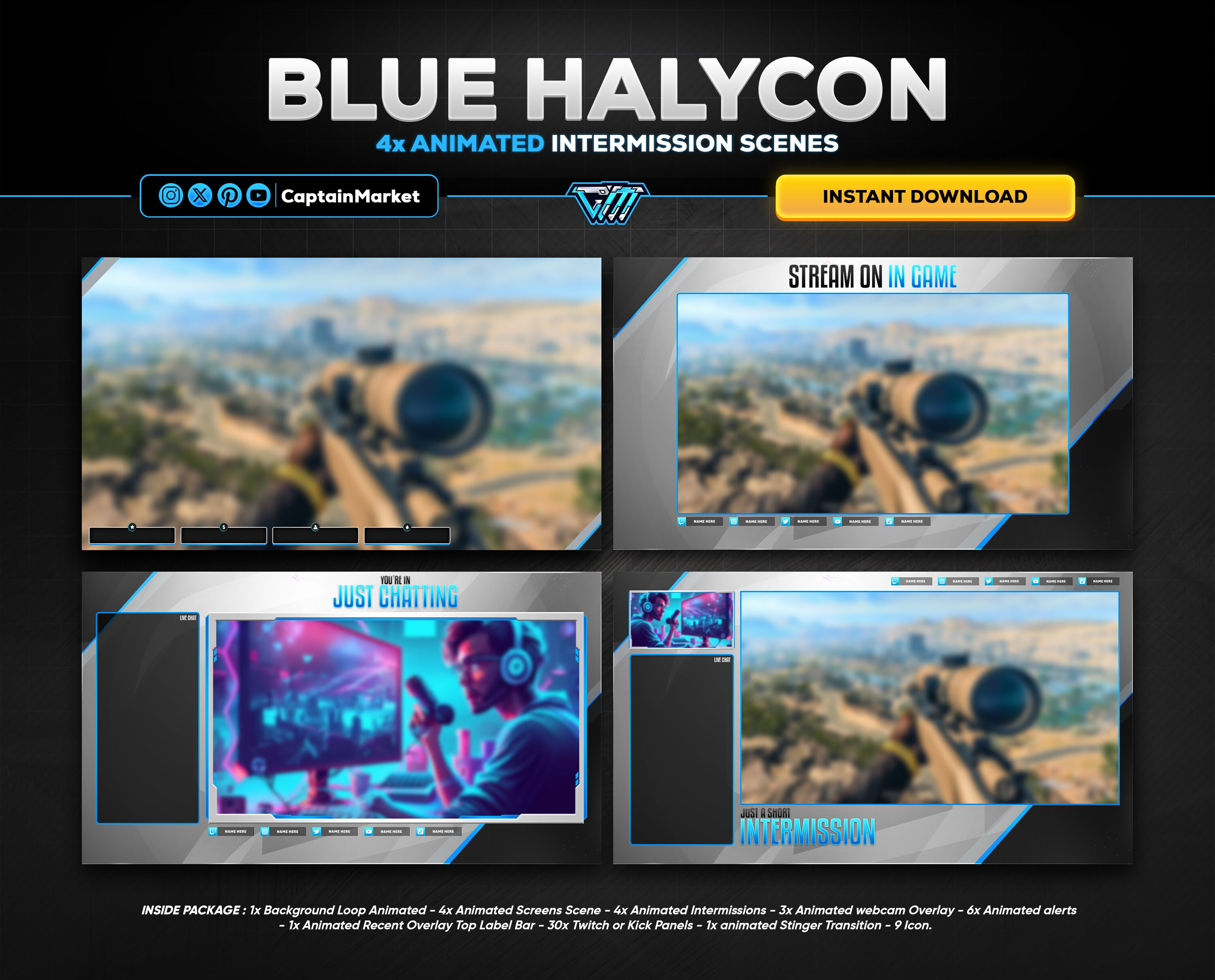 Blue Animated Stream Overlay Package for Twitch,youtube,kick Clean ...