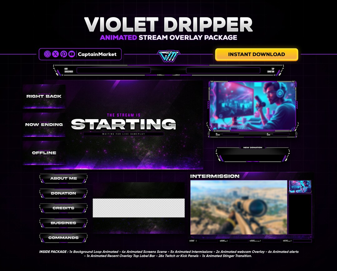 Neon Violet Stream Overlay Pack: Sci-fi Animated Screens for OBS ...