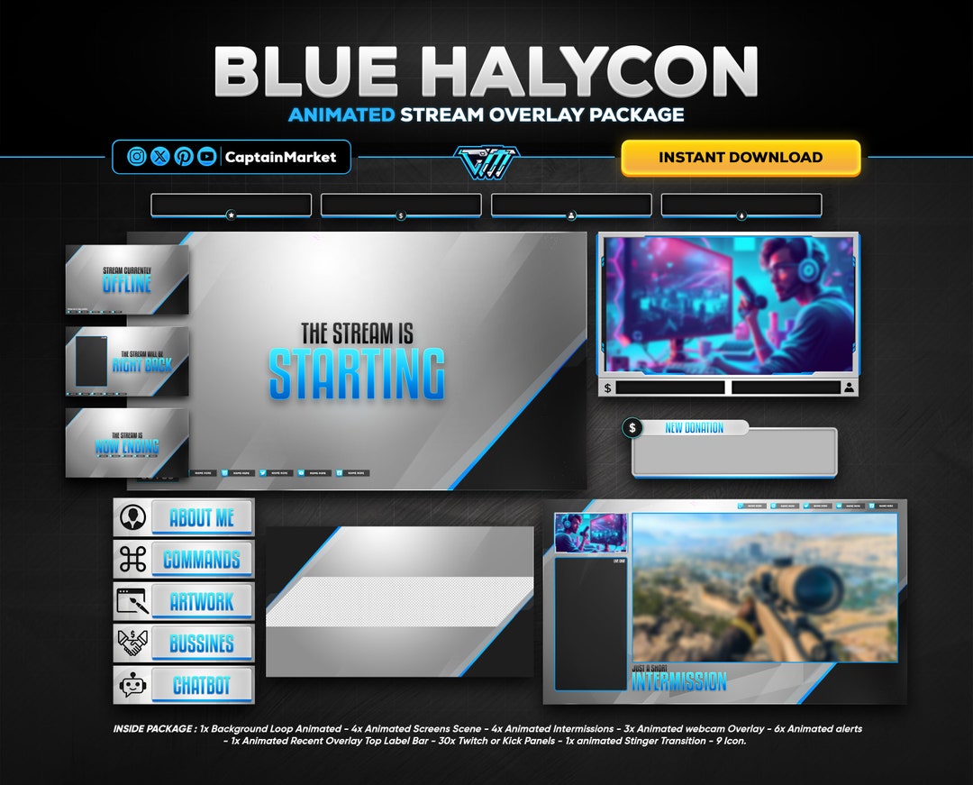 Blue Animated Stream Overlay Package for Twitch,youtube,kick Clean ...