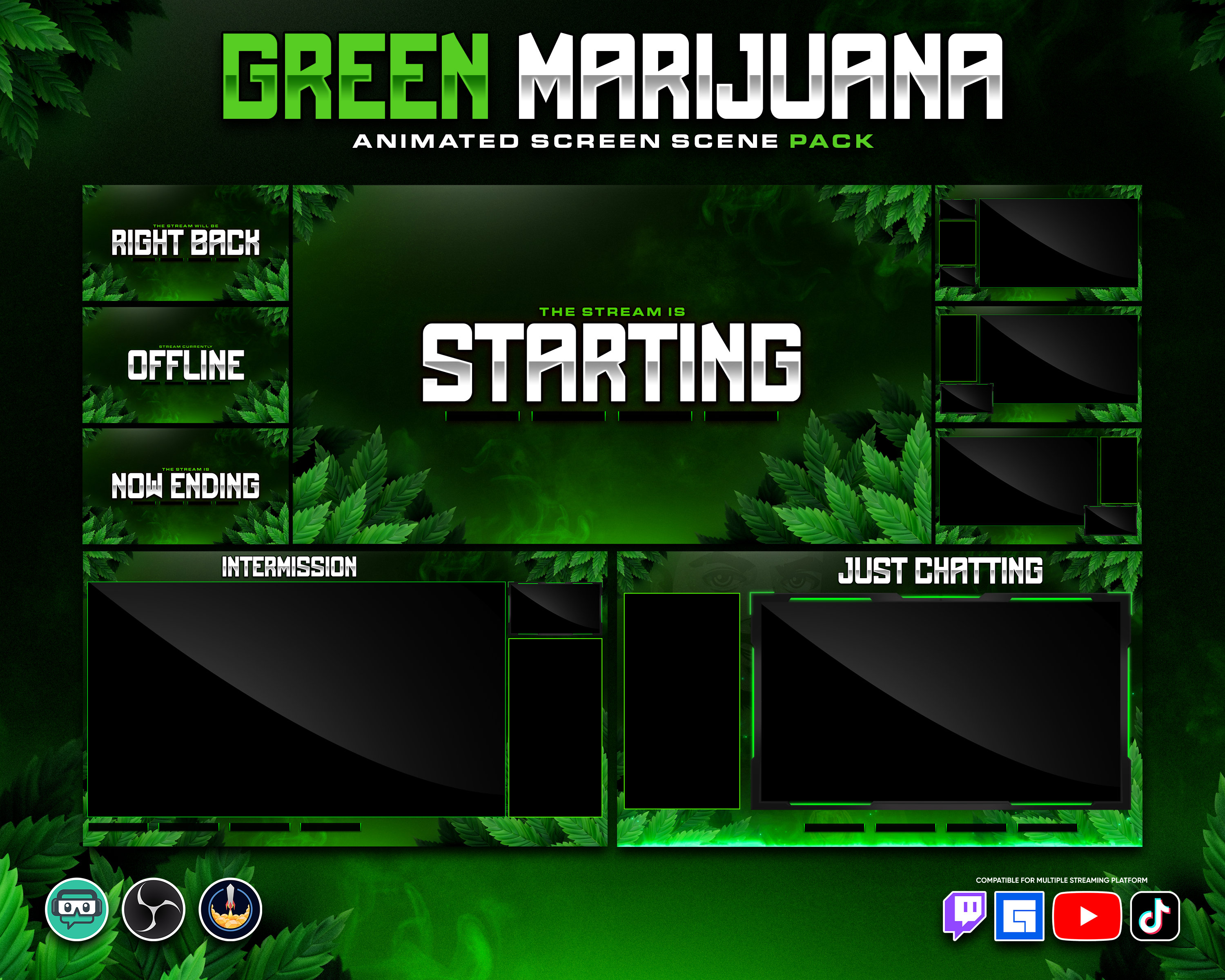 Green Marijuana Animated Stream Overlay Package for Twitch,youtube,kick ...