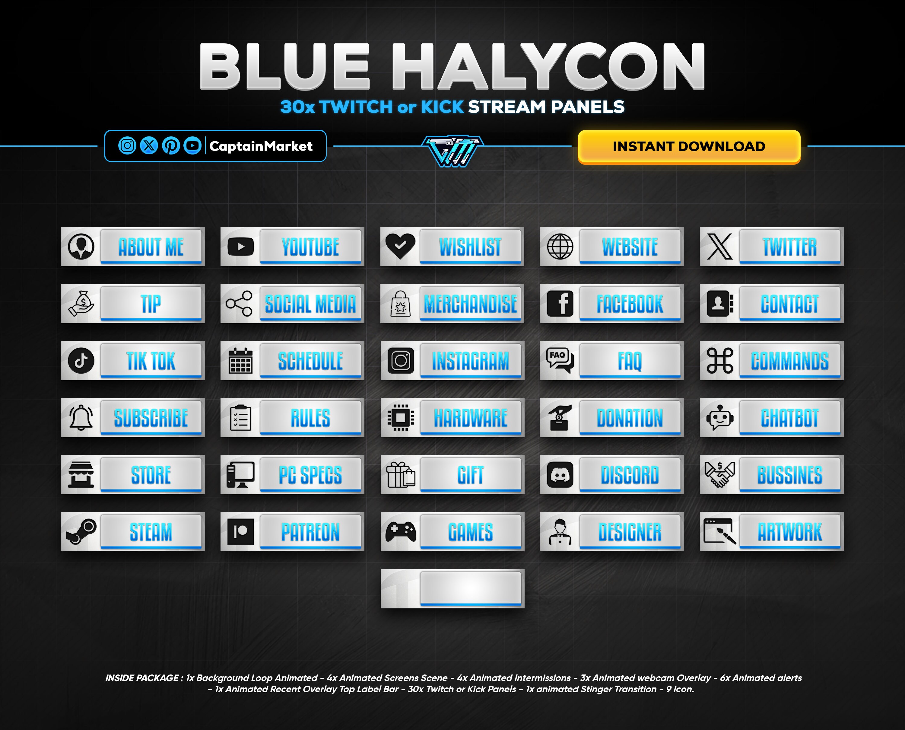 Blue Animated Stream Overlay Package for Twitch,youtube,kick Clean ...
