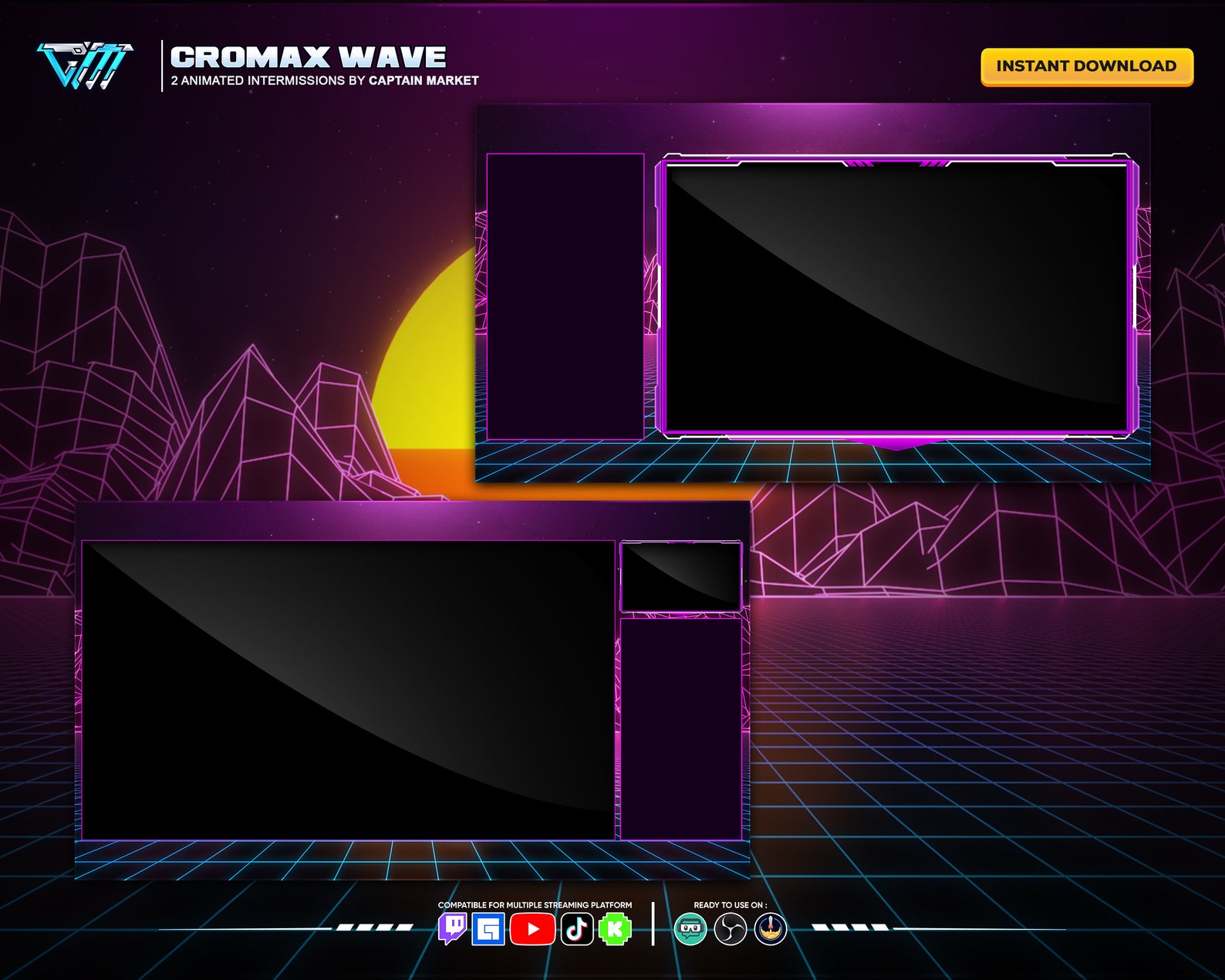 80s Retrowave Animated Stream Overlay Package for Twitch,youtube,kick ...