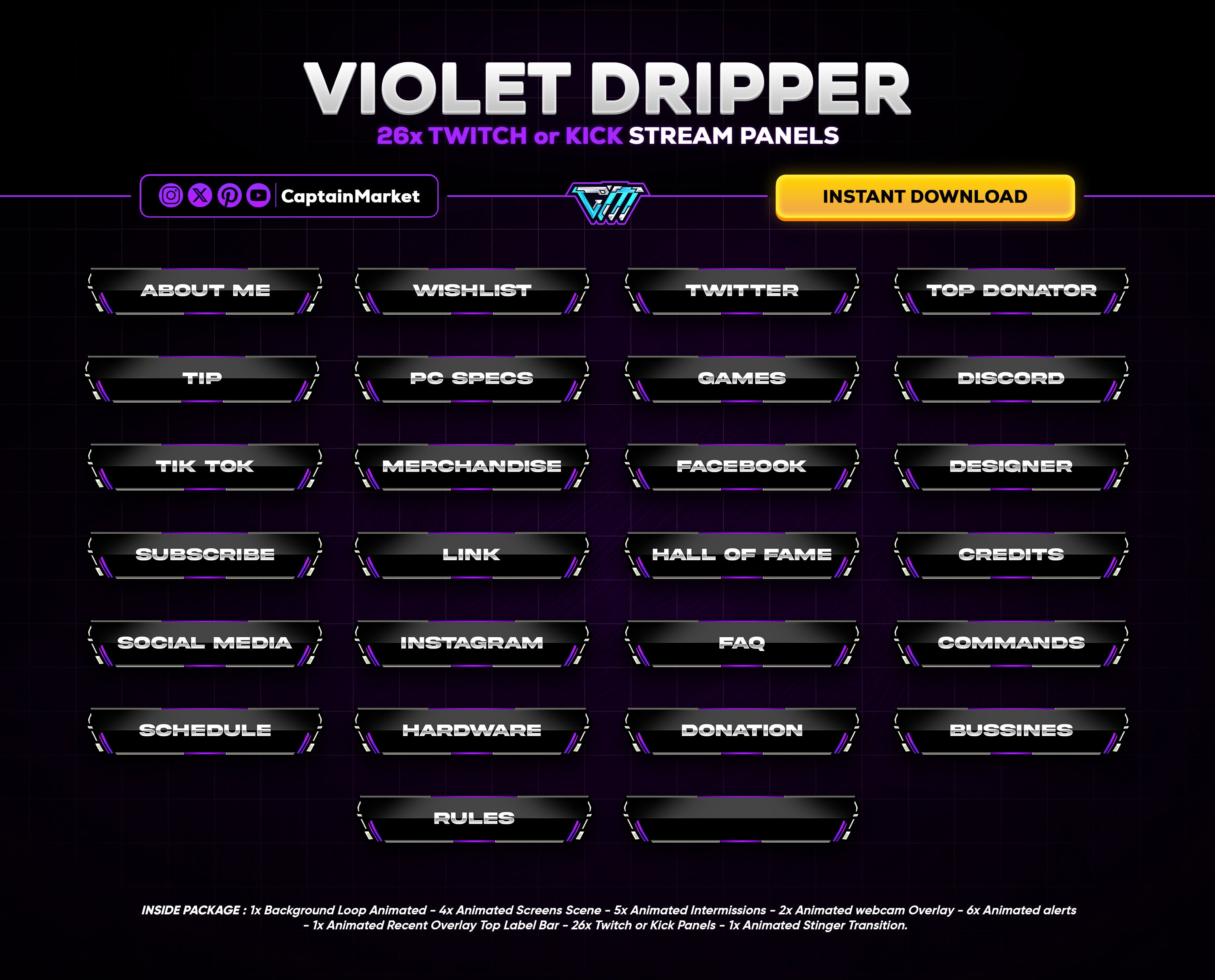 Violet Animated Stream Overlay Package for Twitch,youtube,kick Clean Minimalist Tech Cyberpunk ...