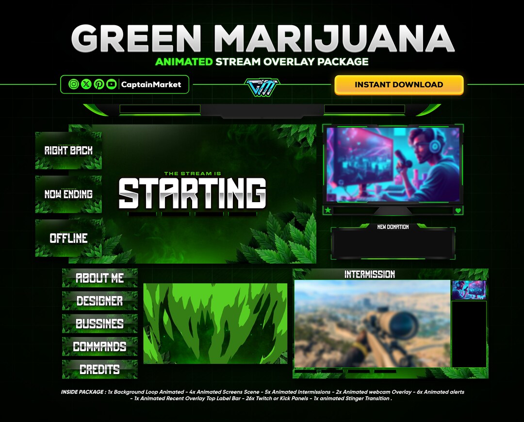 Green Marijuana Animated Stream Overlay Package for Twitch,youtube,kick ...