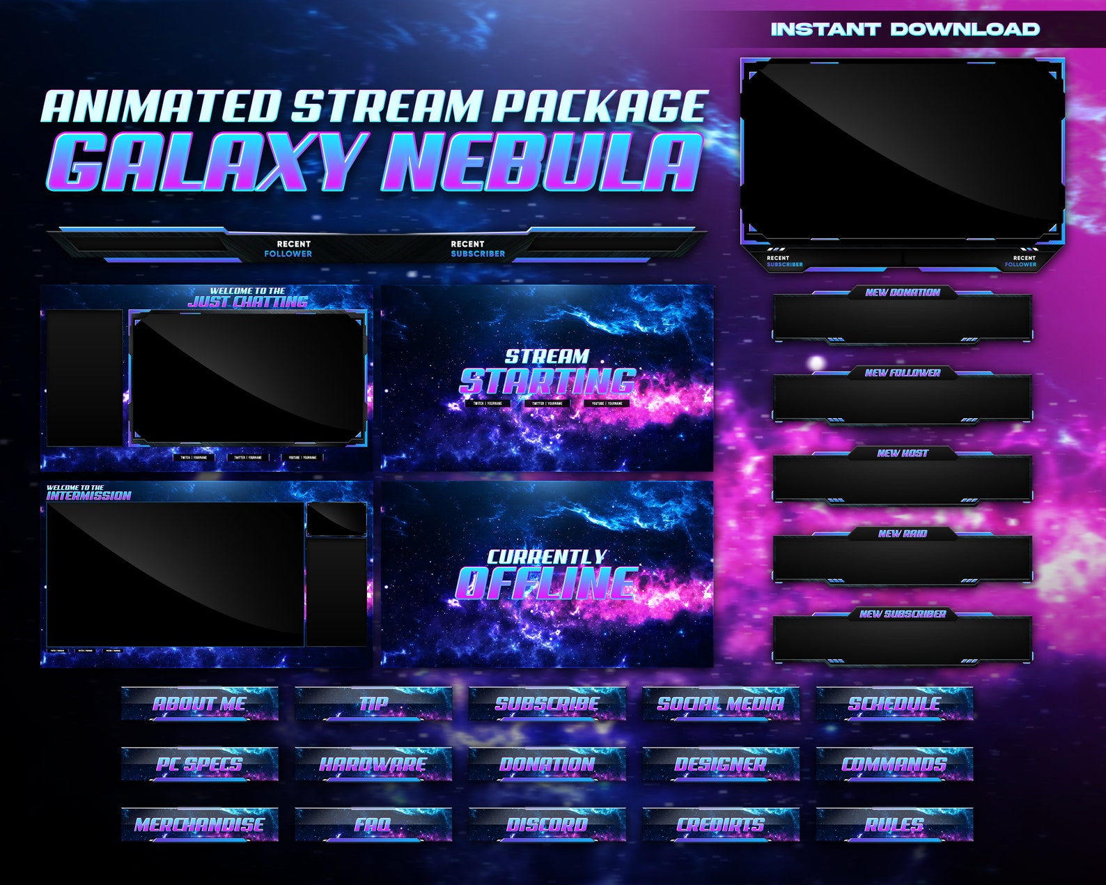Galaxy Animated Stream Overlay Pack Nebulatwitch Overlay Package Blue ...