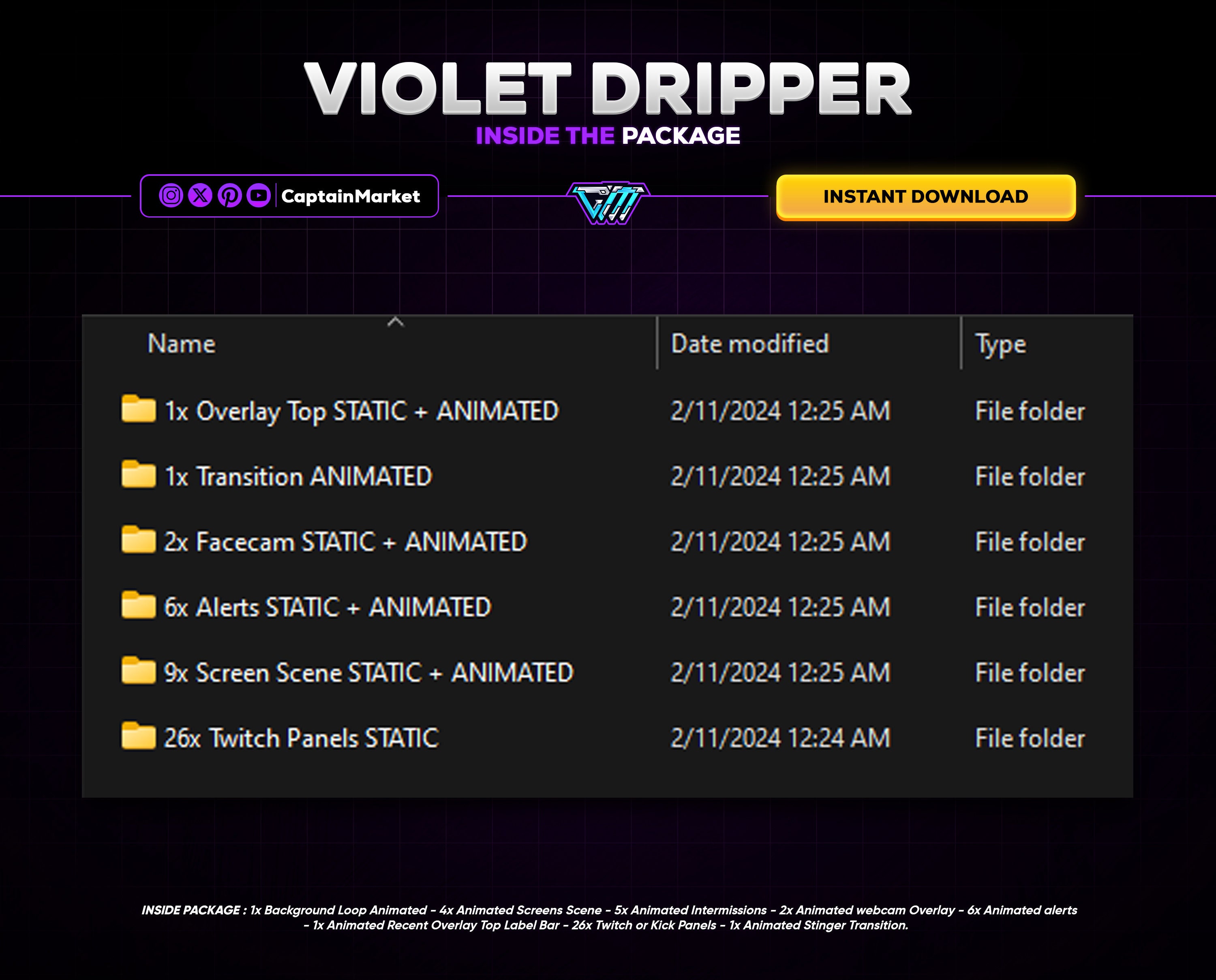 Violet Animated Stream Overlay Package for Twitch,youtube,kick Clean Minimalist Tech Cyberpunk ...