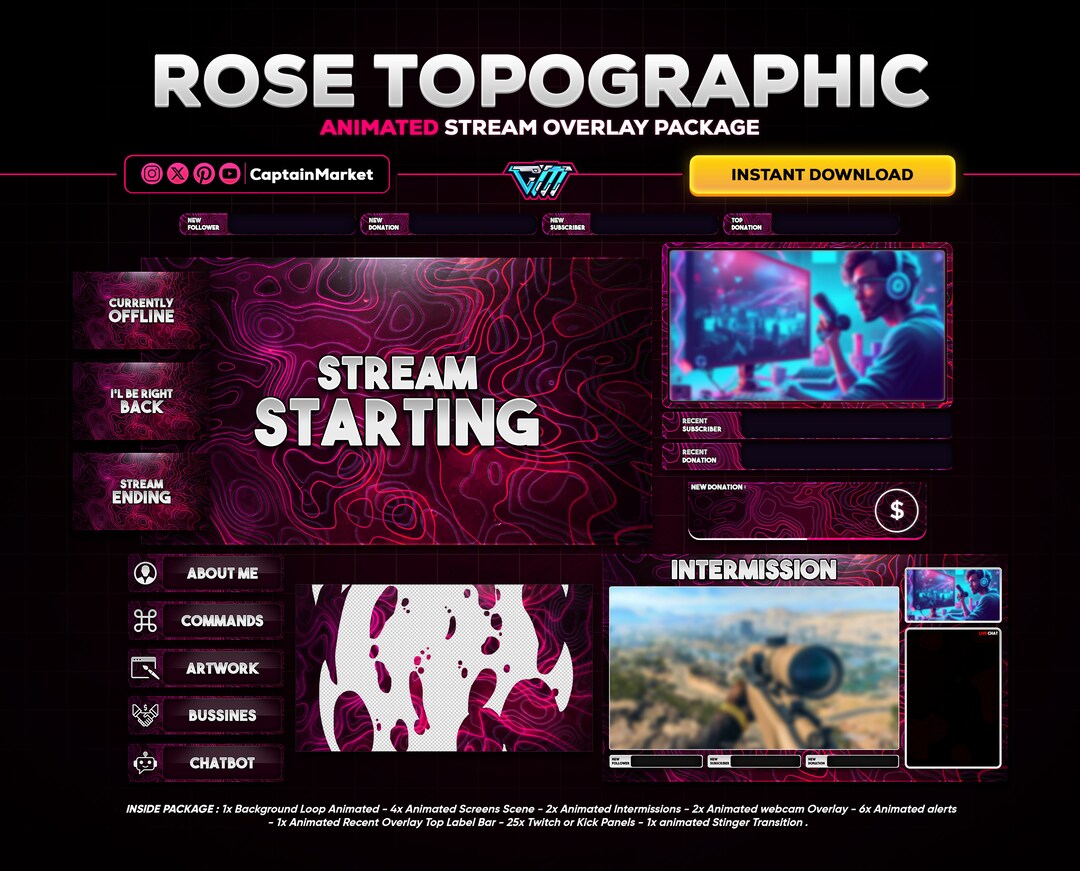 Rose Topography Animated Stream Overlay Package for Twitch,youtube,kick ...